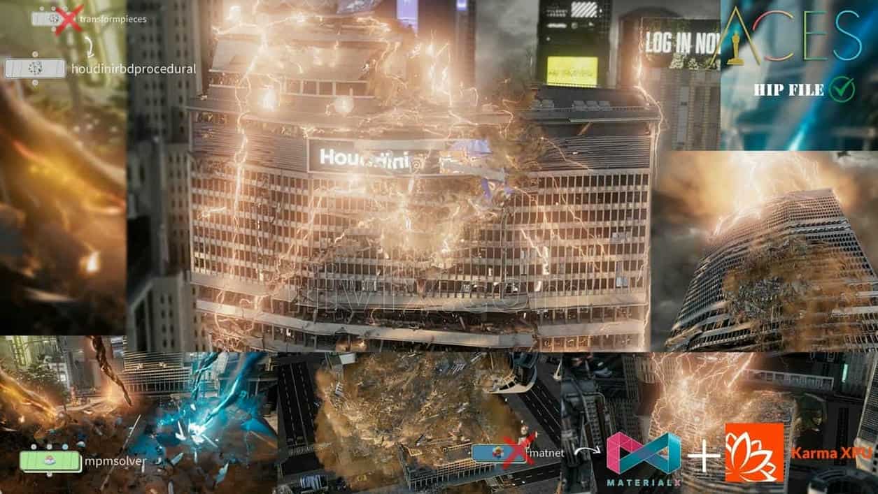 Houdini魔法闪电流破坏摧毁灭粒子破碎倒塌FX HIP文件臀部 Magic Destruction FX - B站/公众号:特效向
