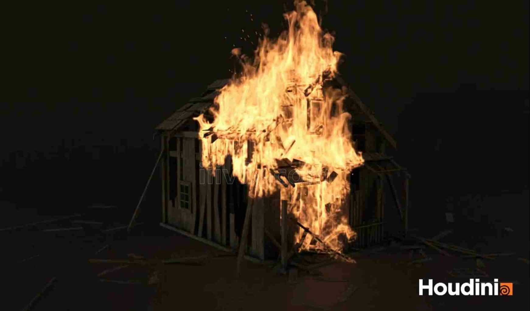 houdini小木屋着火焰fire效果hip工程文件 - B站/公众号:特效向